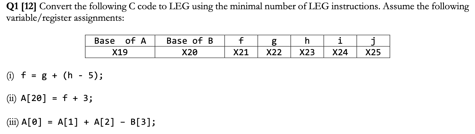 Solved Q1 [12] Convert the following C code to LEG using the | Chegg.com