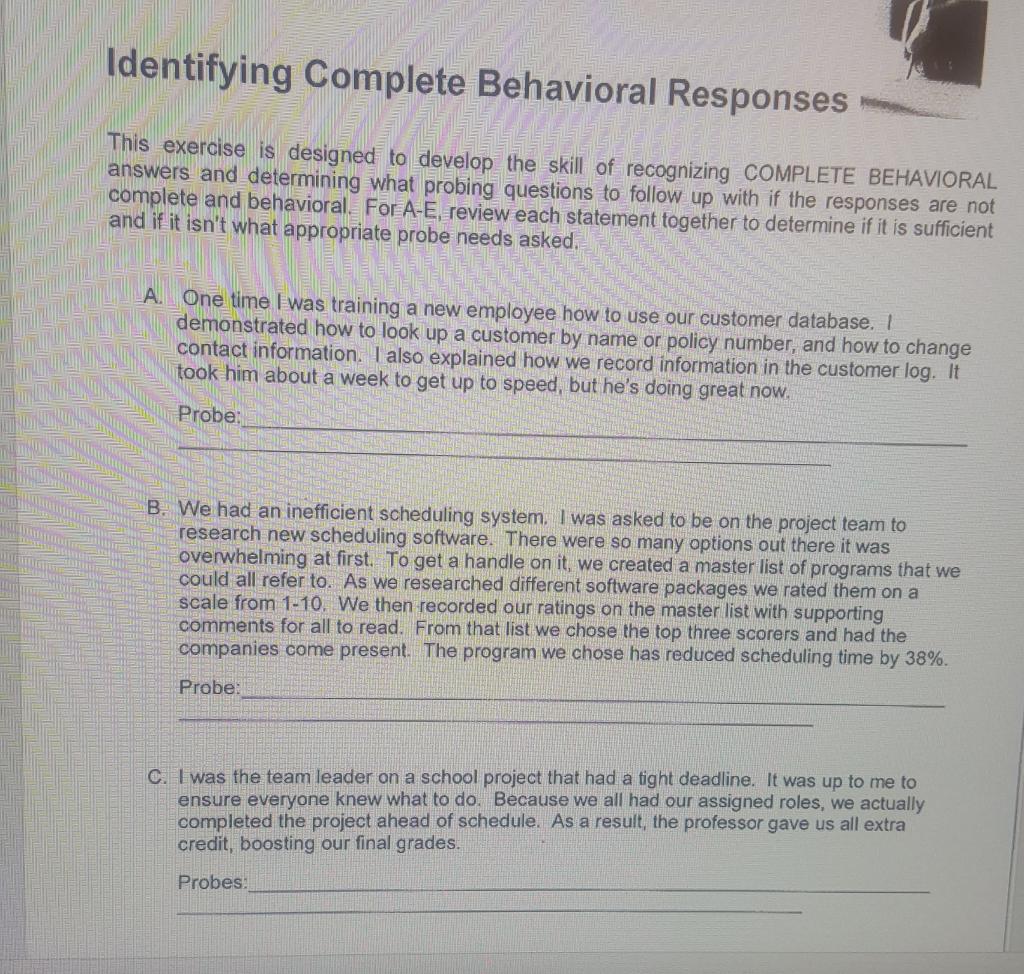 Solved Identifying Complete Behavioral Responses This | Chegg.com