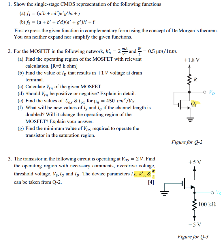 Solved 1. Show the single-stage CMOS representation of the | Chegg.com