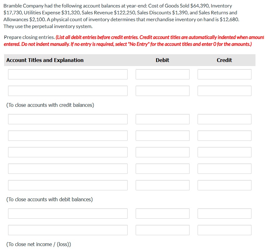 Solved Bramble Company had the following account balances at | Chegg.com