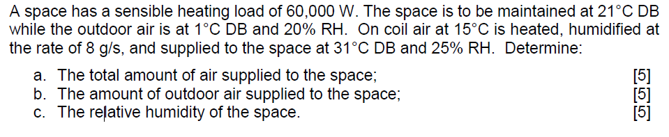 Solved A space has a sensible heating load of 60,000 W. The | Chegg.com