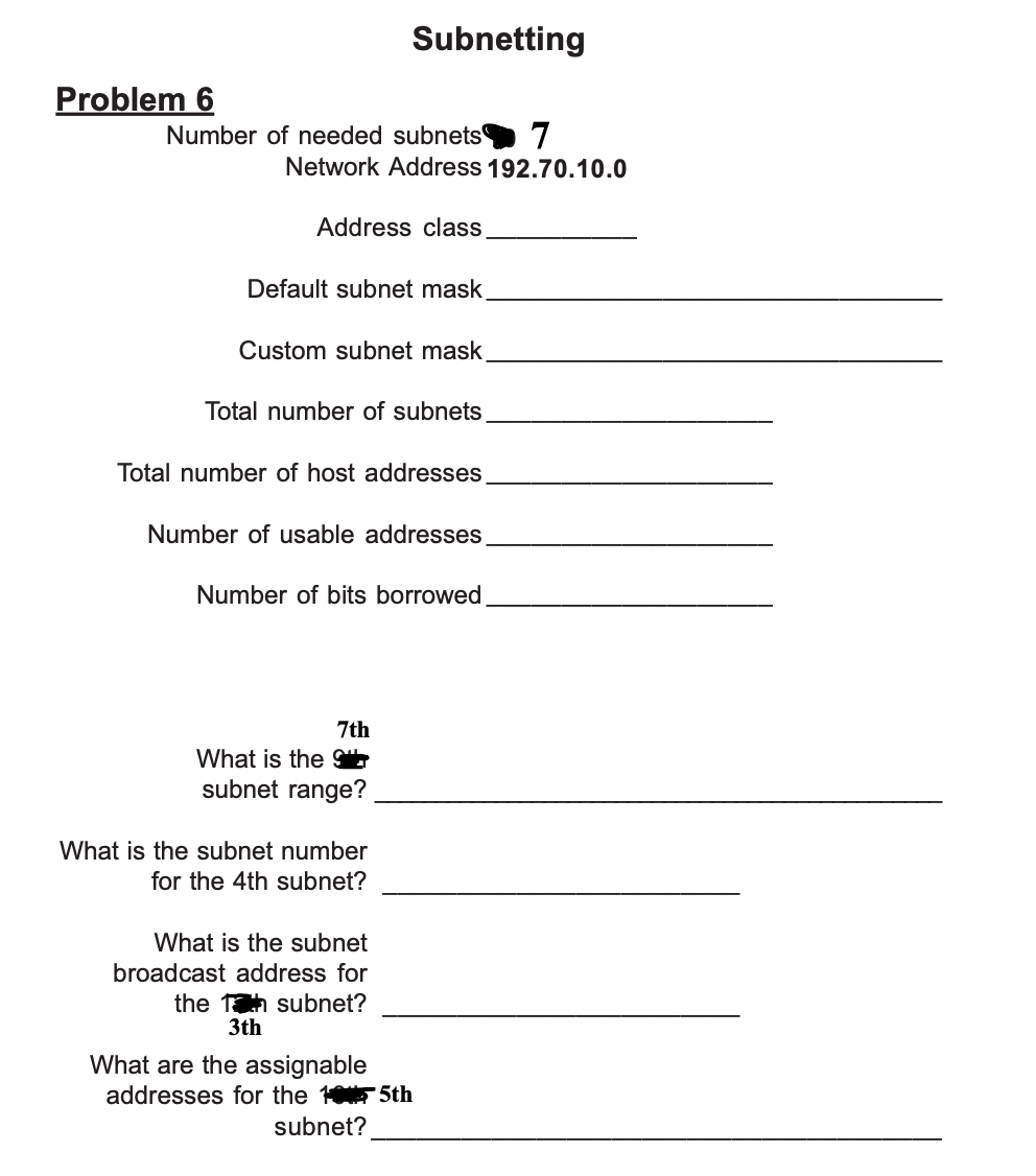 Solved SubnettingProblem 6Number of needed subnets 7Network | Chegg.com