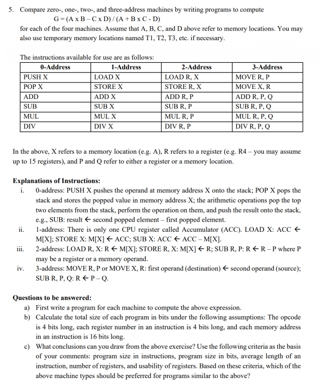 5. Compare zero-, one-, two-, and three-address | Chegg.com