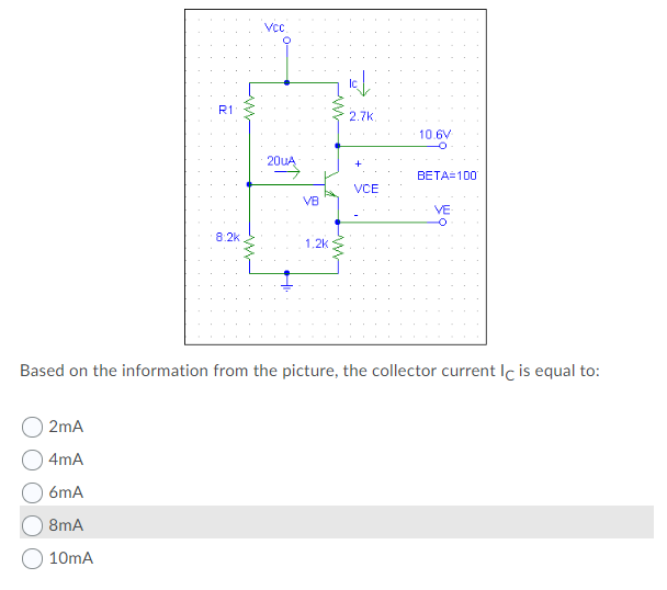 Solved VCC ic R1 2.7k 10.6V 200A + BETA=100 VCE VB VE 8.2k | Chegg.com