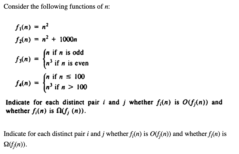Solved Consider the following functions of n: = = fi(n) = m? | Chegg.com