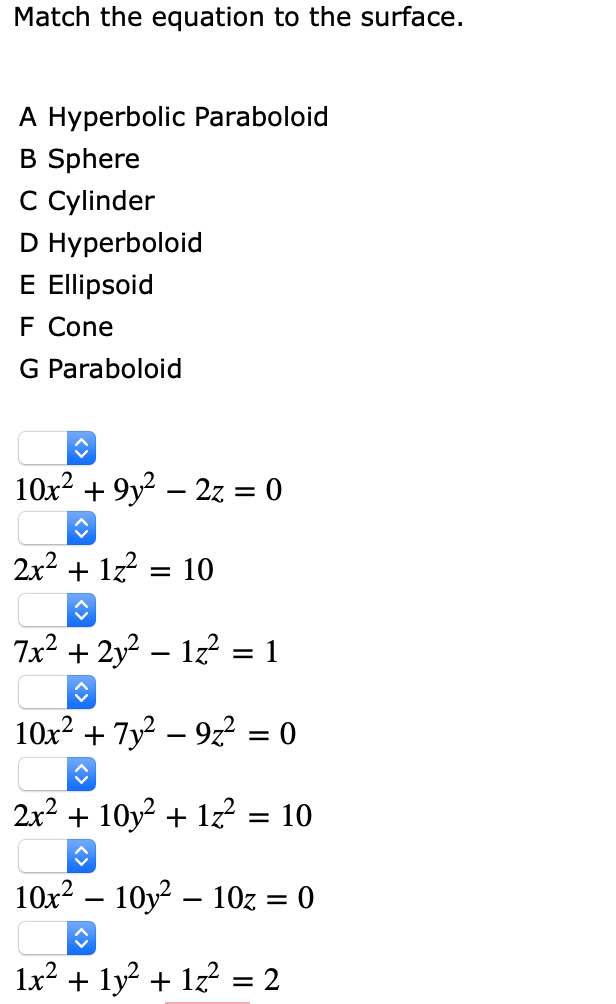 Solved Match the equation to the surface. A Hyperbolic | Chegg.com