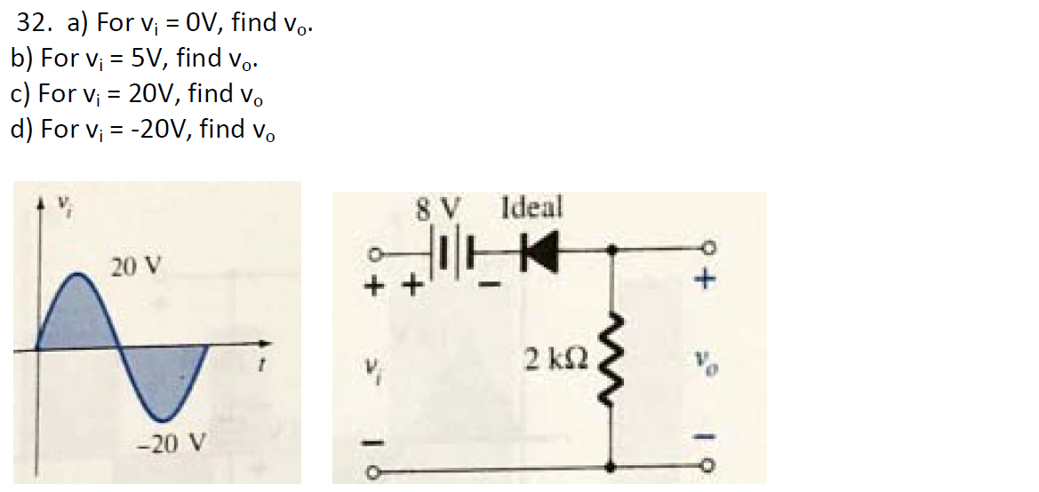 Solved 32. a) For vi=0V, find v0. b) For vi=5 V, find v0. c) | Chegg.com