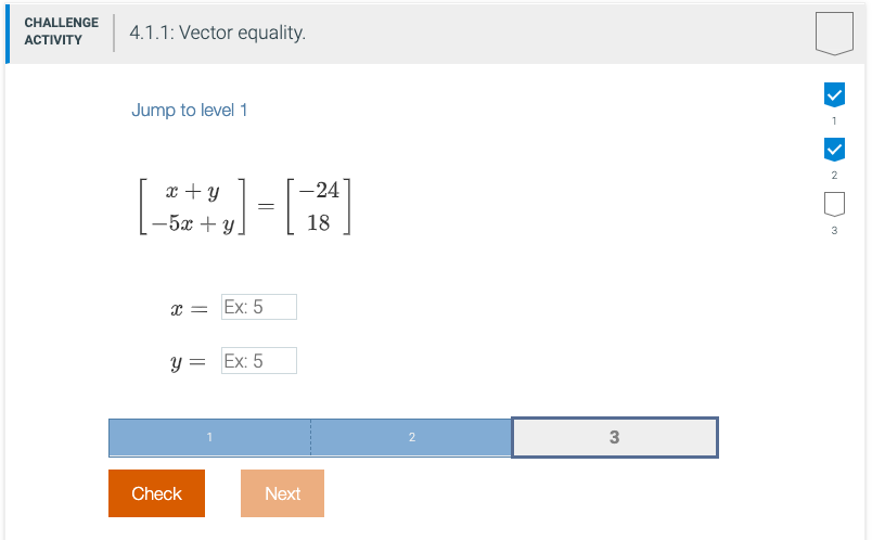 Solved CHALLENGE ACTIVITY 4.1.1: Vector equality. Jump to | Chegg.com