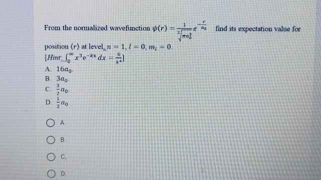 Solved 1 From the normalized wavefunction (r) = e ag find | Chegg.com