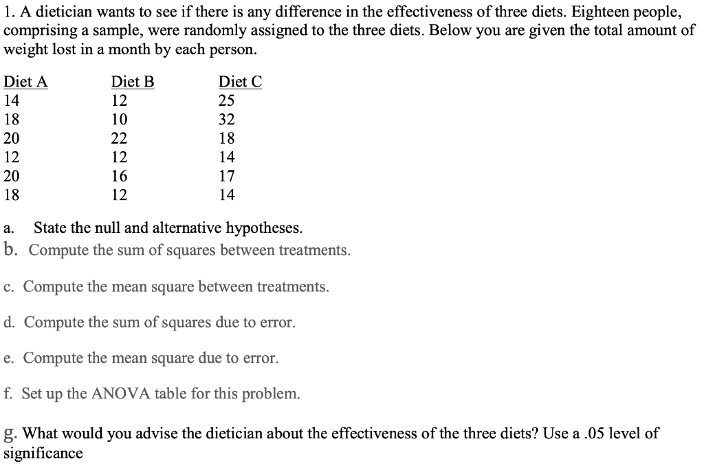 Solved 1. A dietician wants to see if there is any | Chegg.com