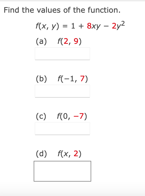 Solved Find the values of the function. f(x, y) = 1 + 8xy – | Chegg.com