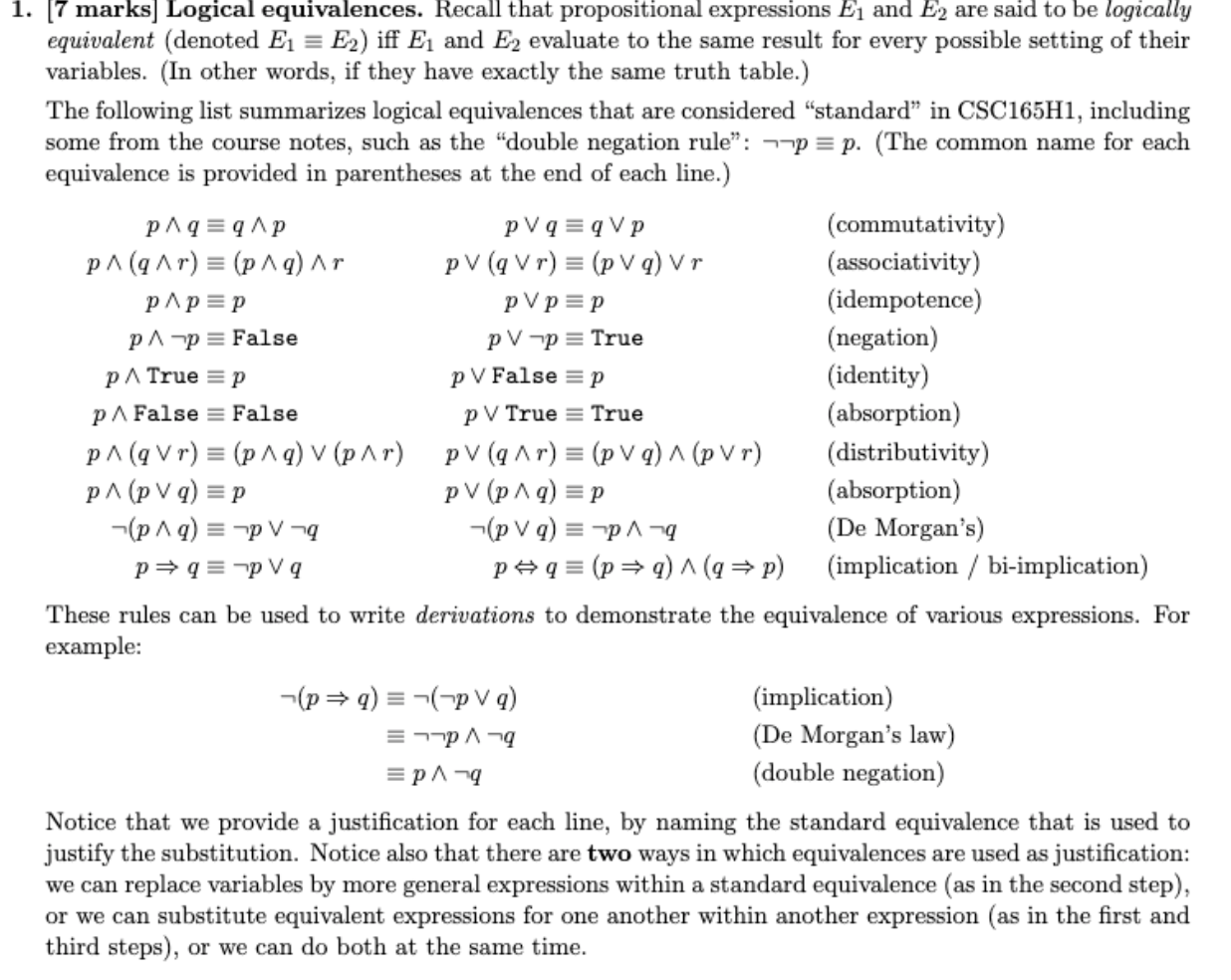 Solved 1. [7 marks] Logical equivalences. Recall that | Chegg.com