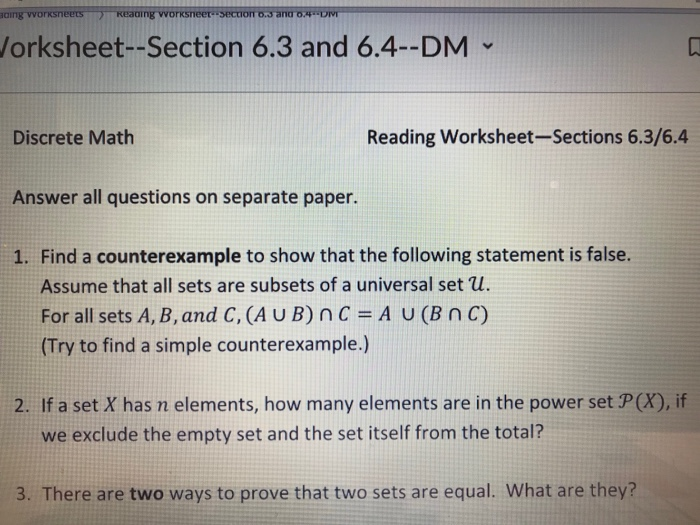 Solved aing vvorksne ing orksheet--Section 6.3 and 6.4--DM | Chegg.com