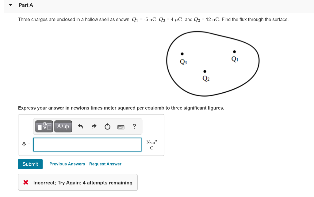 Solved Part A Three charges are enclosed in a hollow shell | Chegg.com