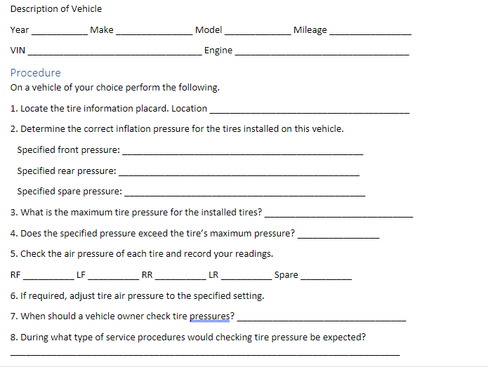 Solved Description of Vehicle Year Make Model Mileage VIN | Chegg.com