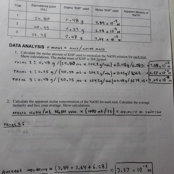 Solved Trial Equivalence point Grams "KHP" used Moles "KHP" | Chegg.com