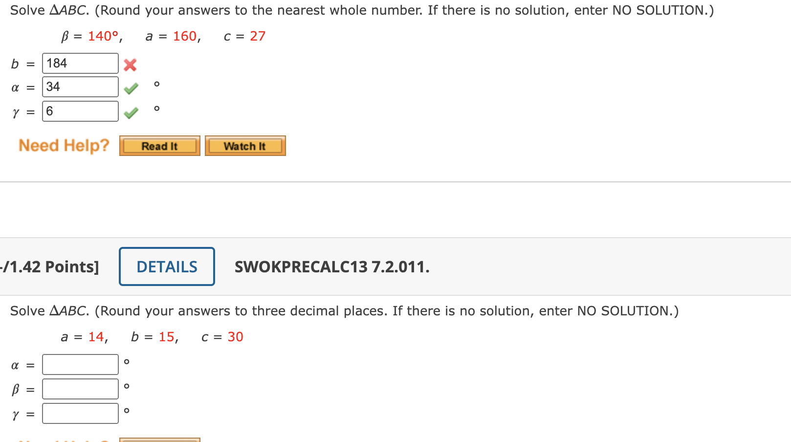 Solved Solve ABC. (Round your answers to the nearest whole | Chegg.com