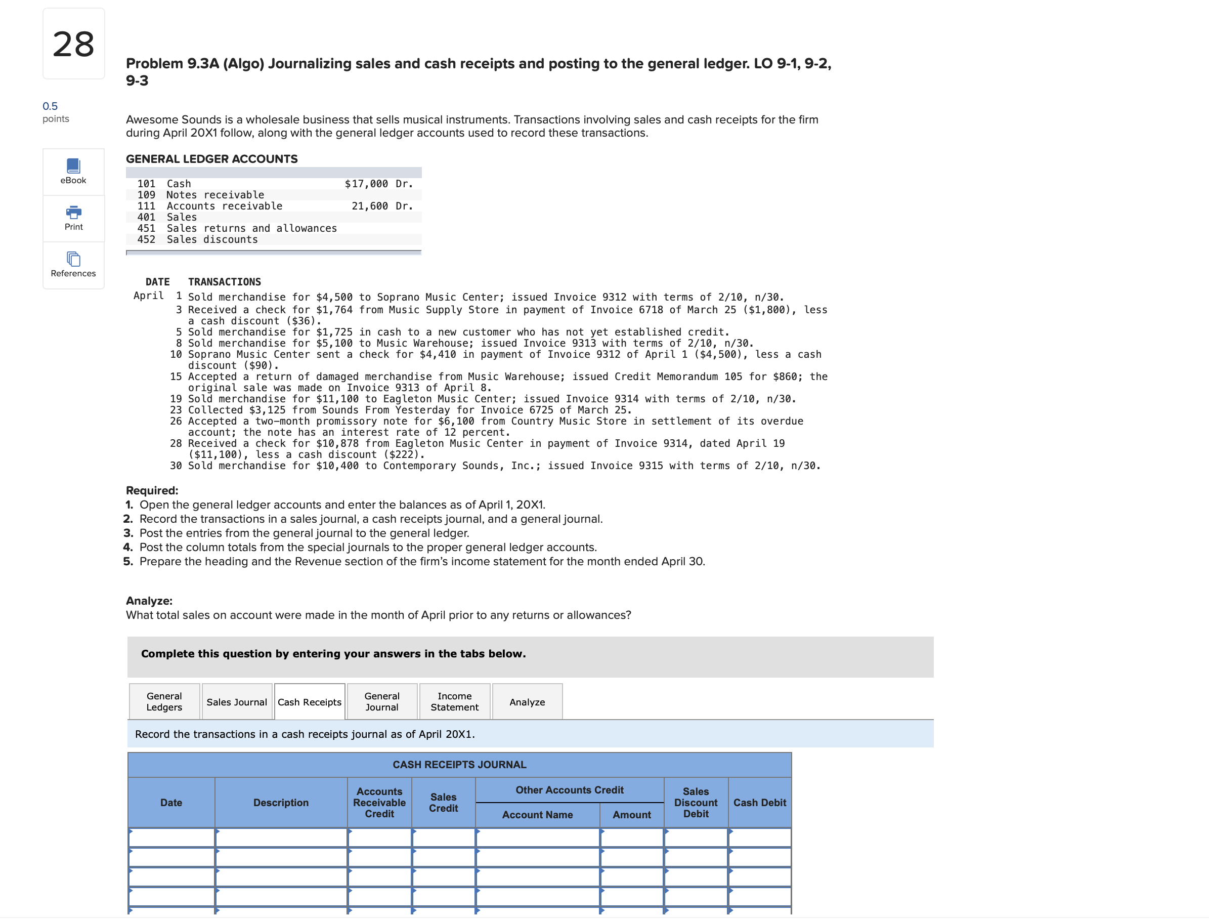 Problem 9.3A (Algo) Journalizing sales and cash | Chegg.com