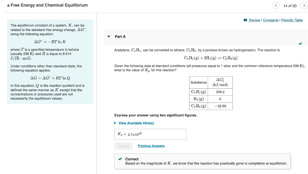 Free Energy and Chemical Equilibrium 14 of 20 M | Chegg.com