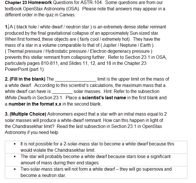 Solved Chapter 23 Homework Questions for ASTR-104. Some | Chegg.com