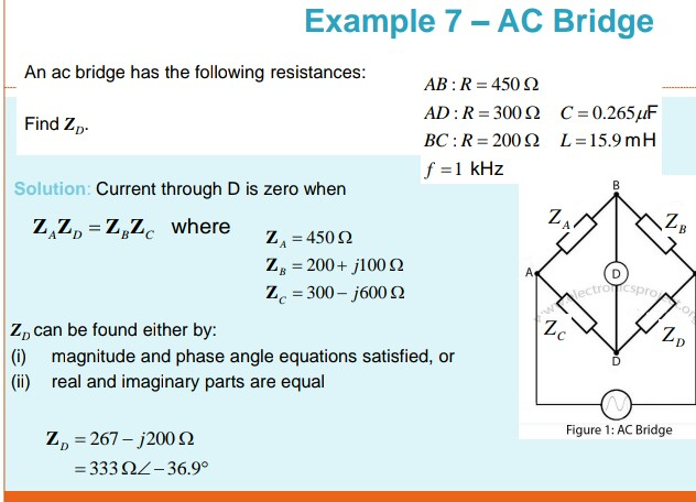 Solved Example 7 – AC Bridge An ac bridge has the following | Chegg.com