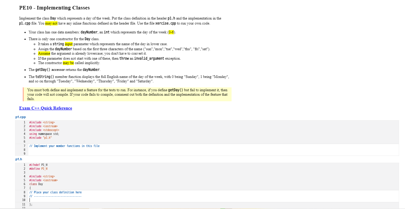 Solved PE10 - Implementing Classes Implement the class Day | Chegg.com