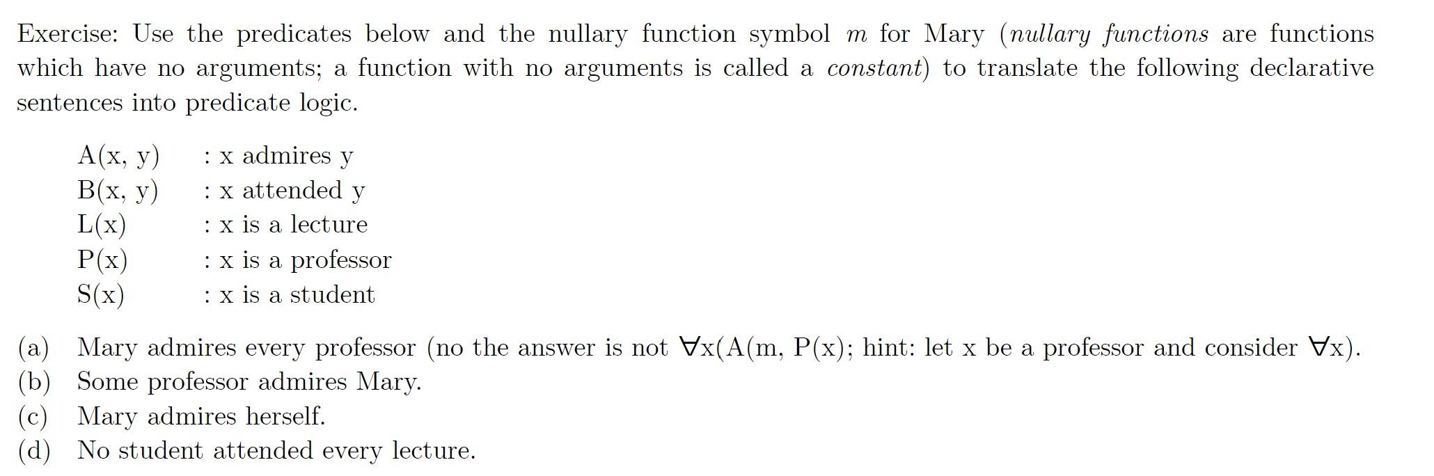 Solved Exercise: Use the predicates below and the nullary | Chegg.com