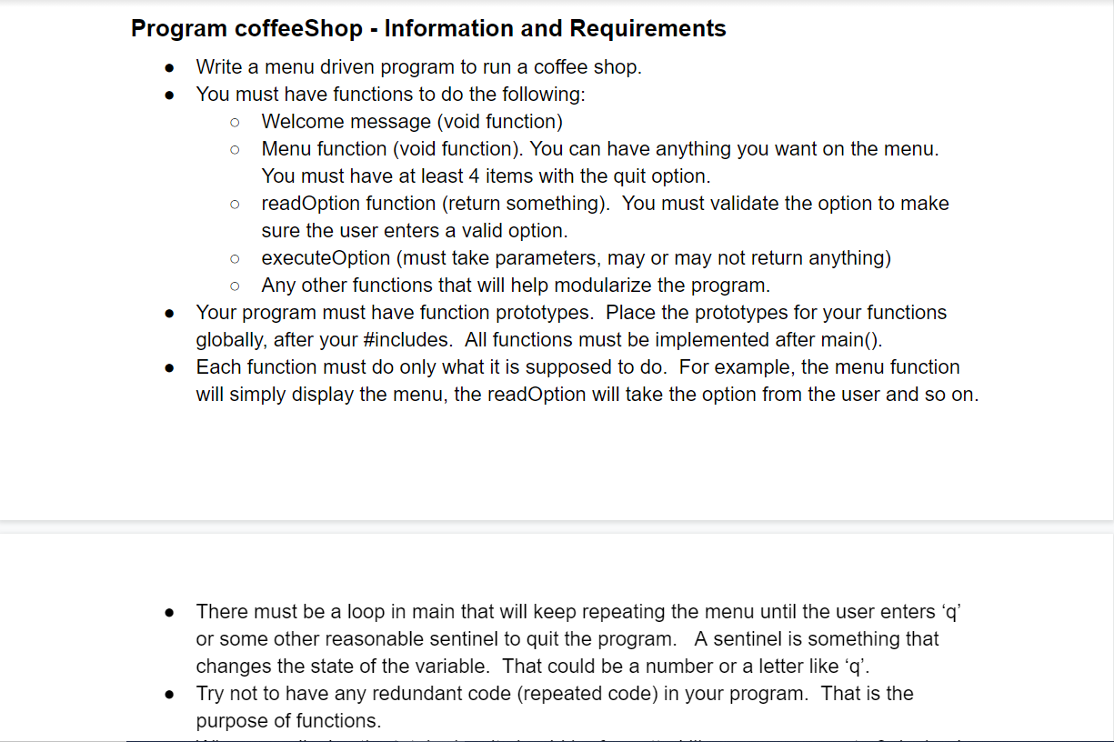 Solved O O Program coffeeShop - Information and Requirements | Chegg.com