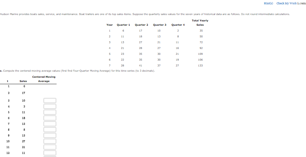 Solved Hint(s) Check My work (1 rem Year 1234567 Quarter 1 | Chegg.com
