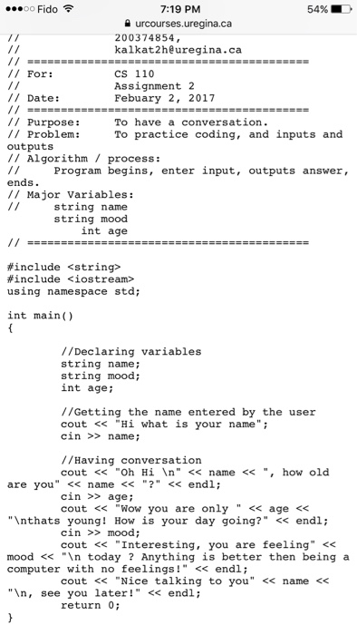 Solved 54% D OO Fido 7:19 PM urcourses.uregina.ca 200374854 | Chegg.com