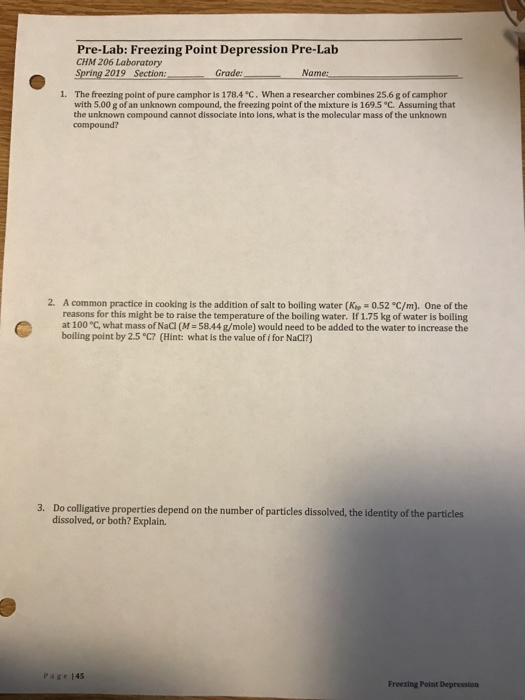 Solved Pre-Lab: Freezing Point Depression Pre-Lab CHM 206 | Chegg.com