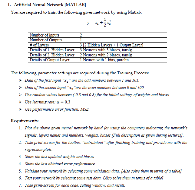 1. Artificial Neural Network [MATLAB] You are | Chegg.com
