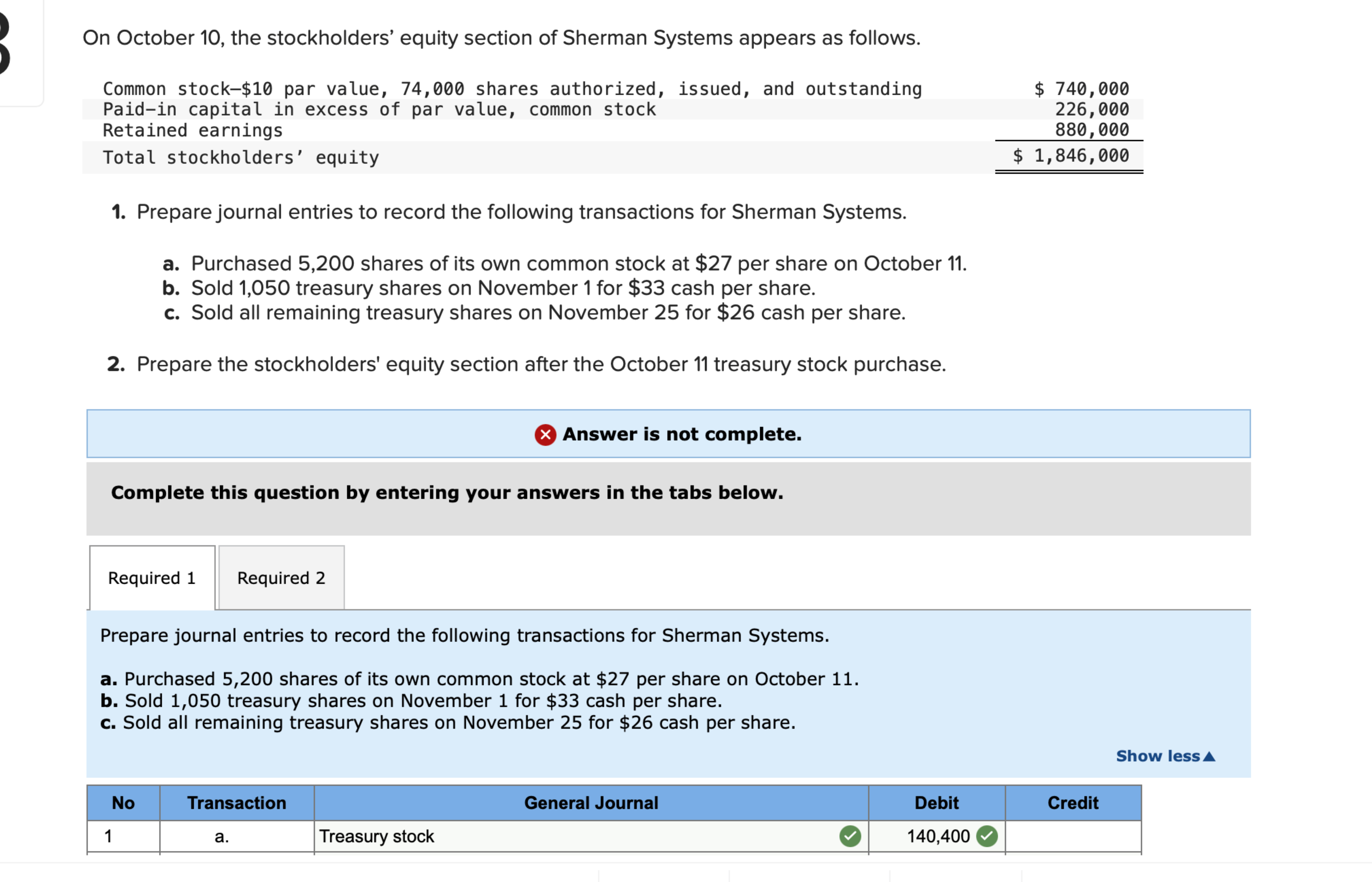 Solved On October 10, ﻿the stockholders' equity section of | Chegg.com