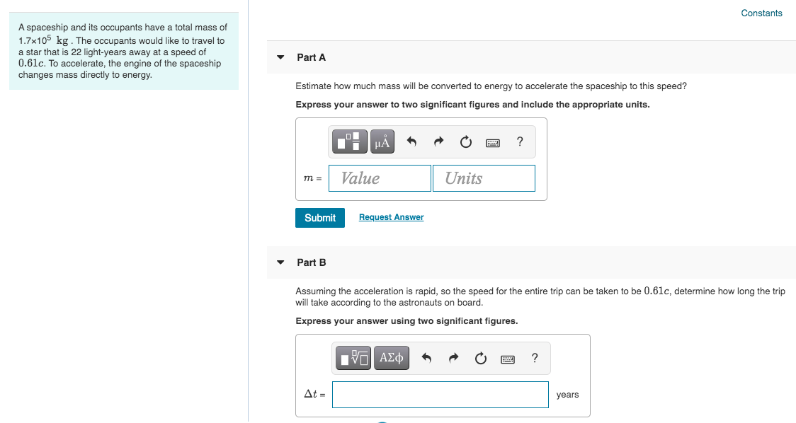Solved Constants A spaceship and its occupants have a total | Chegg.com