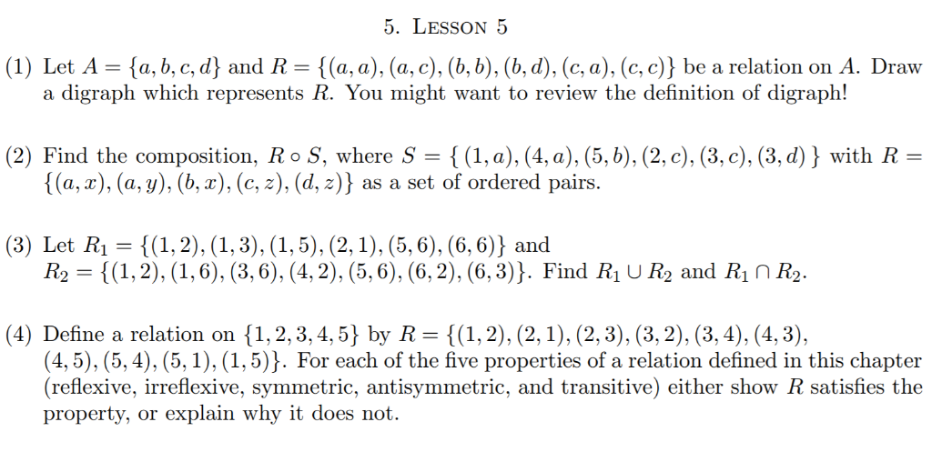 Solved 5. LESSON 5 (1) Let A a, b, c, d and R (a, a), (a, | Chegg.com