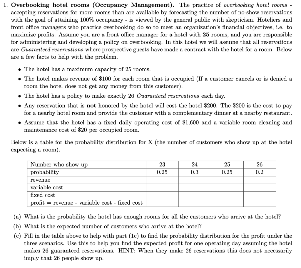 Solved 1. Overbooking hotel rooms (Occupancy Management). | Chegg.com