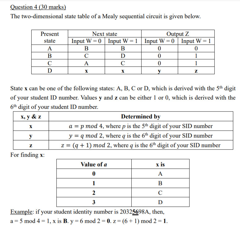 Solved Question 4 (30 marks) The two-dimensional state table | Chegg.com