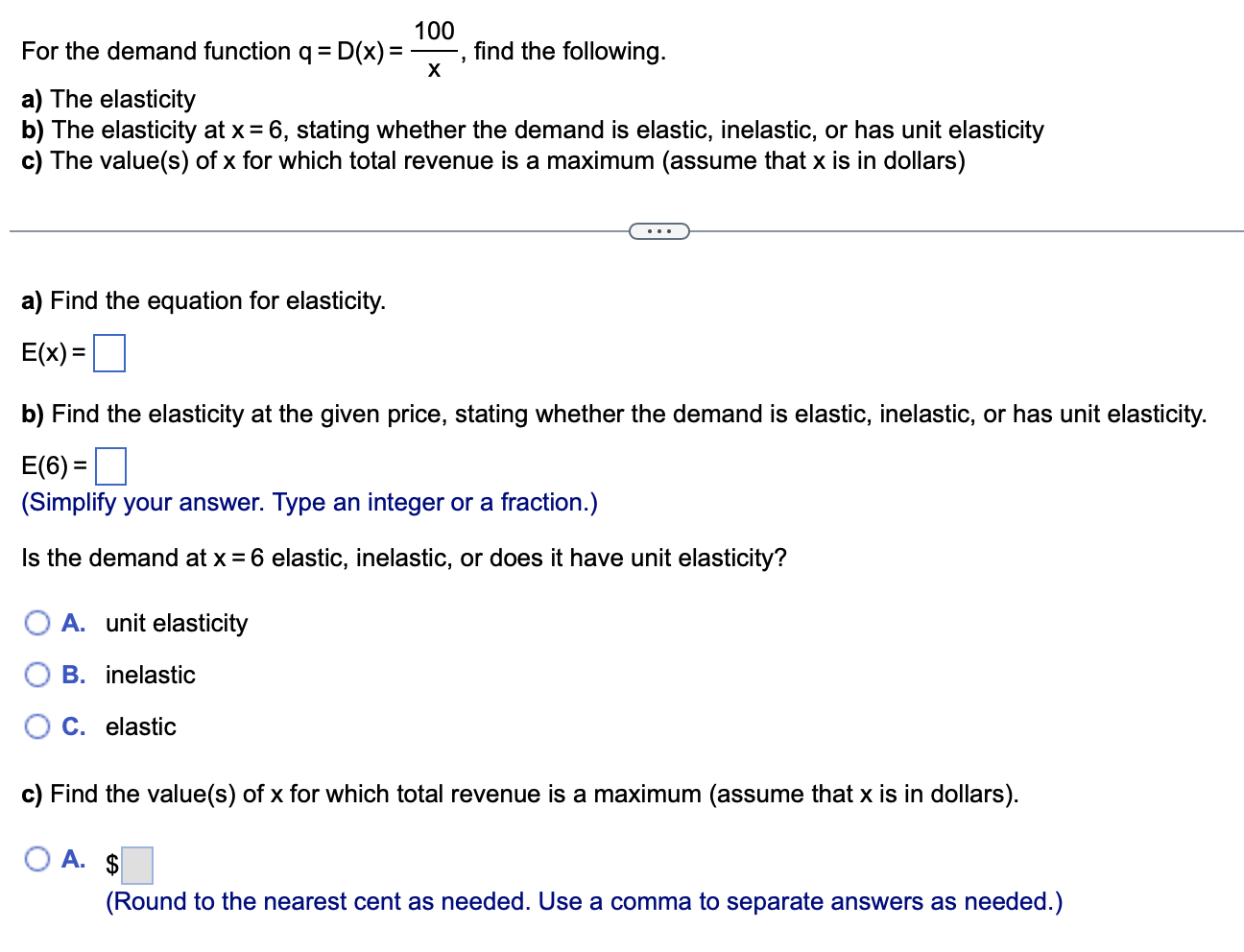 Solved For the demand function q=D(x)=x100, find the | Chegg.com