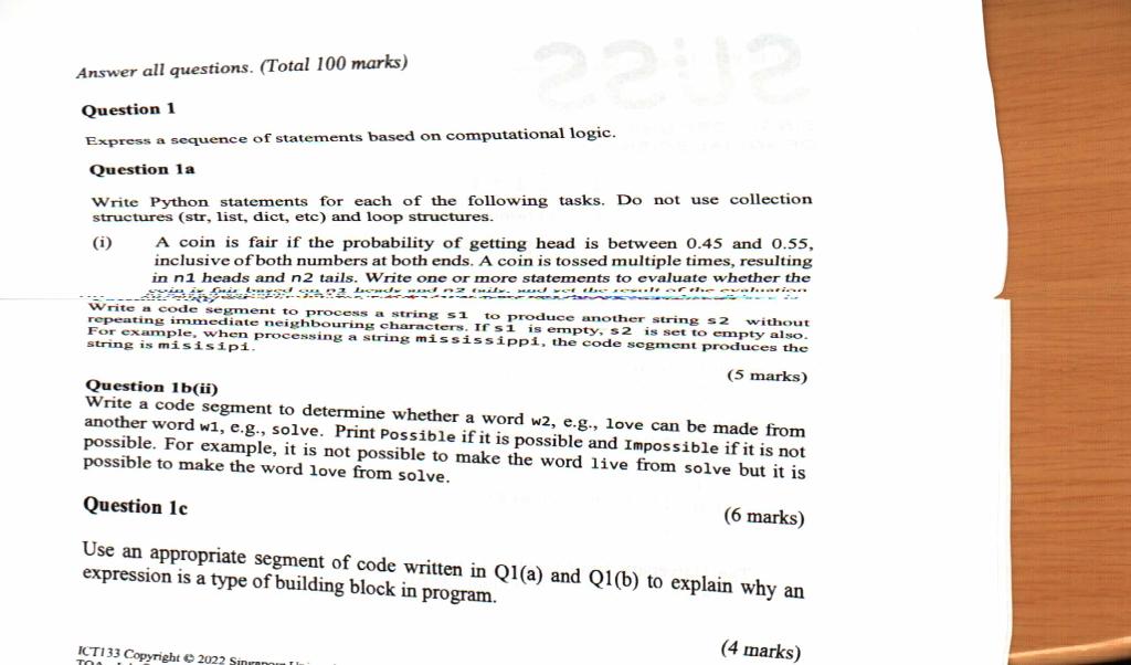 Solved Answer all questions. (Total 100 marks) Question 1 | Chegg.com