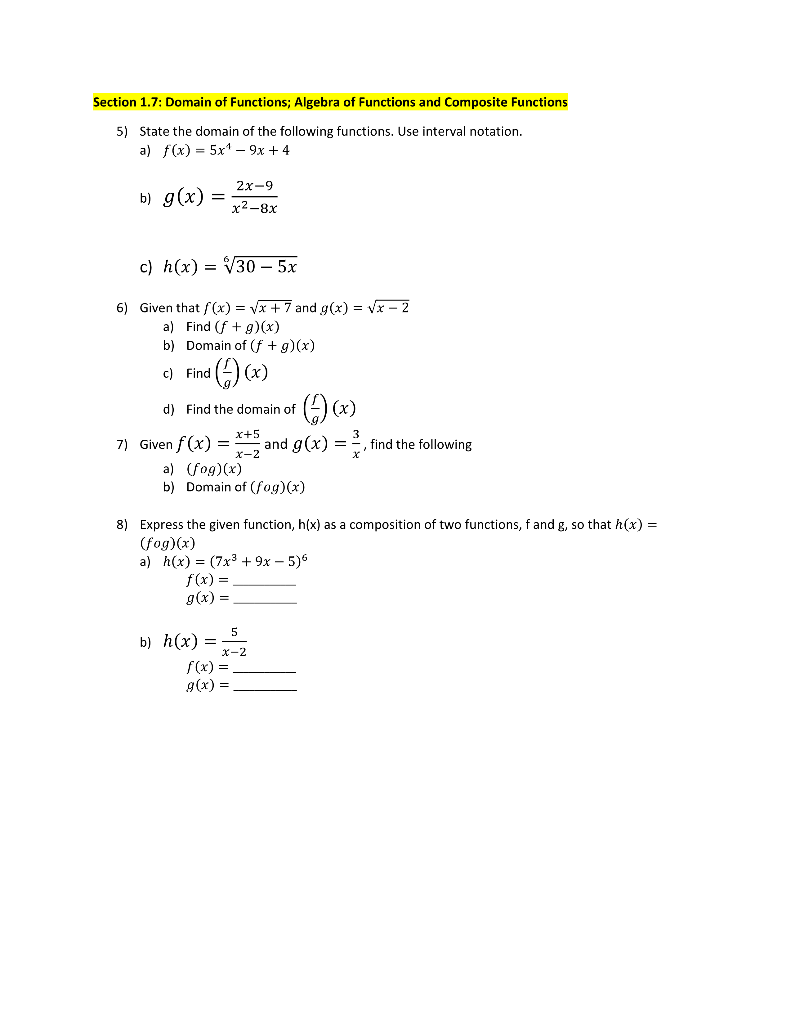 Solved Section 1.7: Domain of Functions; Algebra of | Chegg.com
