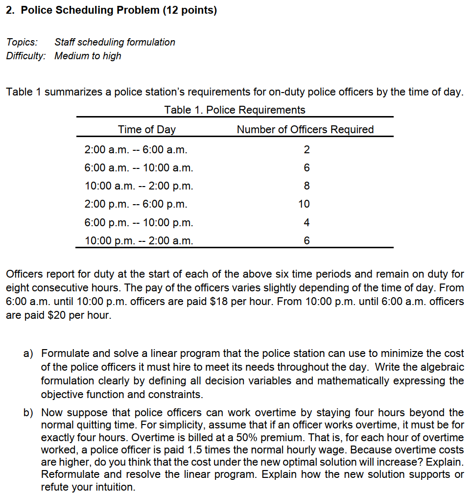 Solved 2. Police Scheduling Problem (12 points) Topics: | Chegg.com