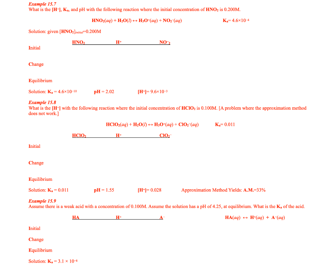 Solved Example 15.7 What is the [H+], Ka, and pH with the | Chegg.com
