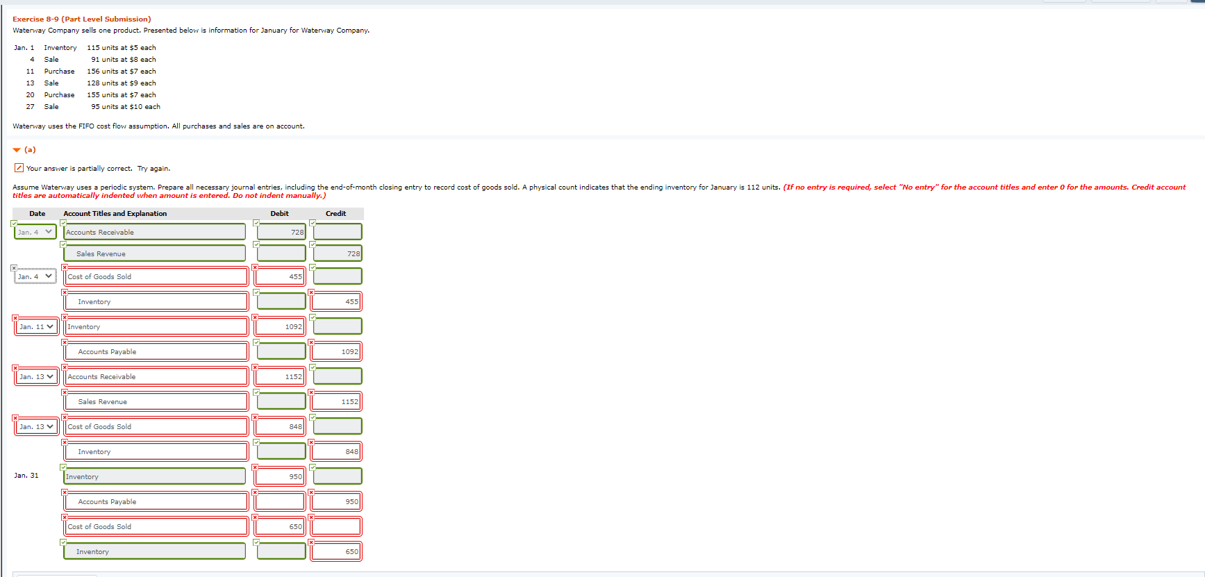 Solved Exercise 8-9 (Part Level Submission) Waterway Company | Chegg.com