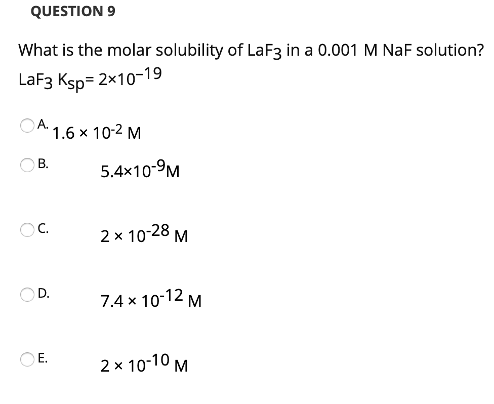 Solved QUESTION 9 What is the molar solubility of LaF3 in a | Chegg.com