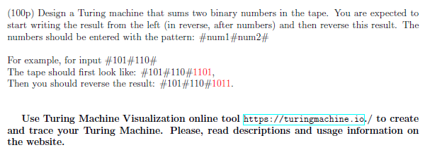 Solved (100p) Design a Turing machine that sums two binary | Chegg.com