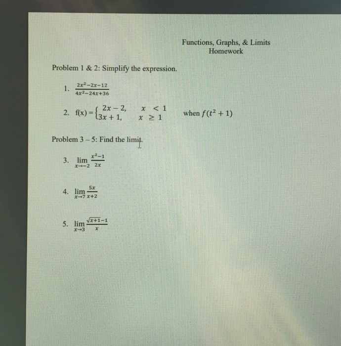 Solved Functions, Graphs, & Limits Homework Problem 1 & 2: | Chegg.com
