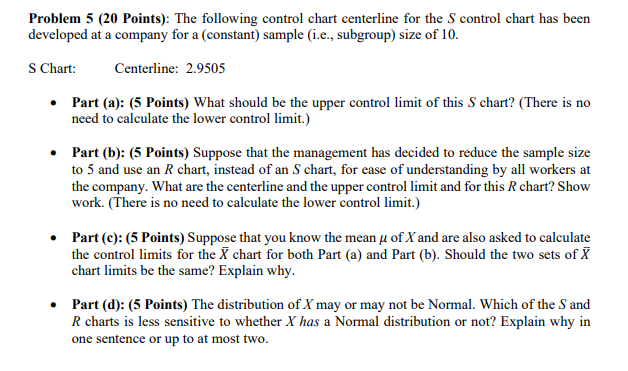 Solved Problem 5 (20 Points): The following control chart | Chegg.com