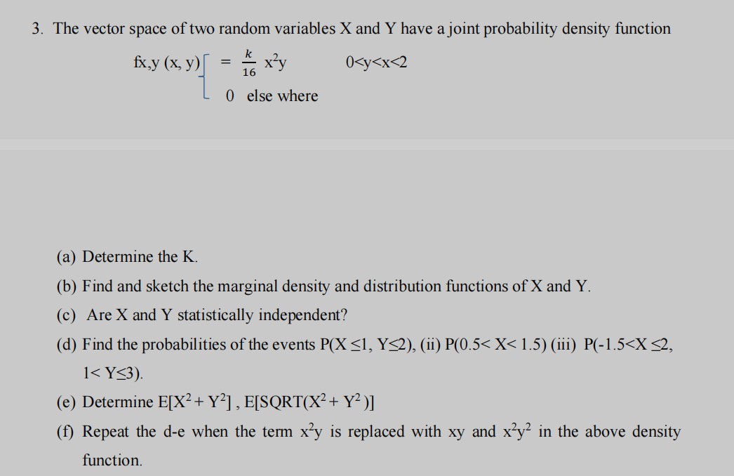 Solved The vector space of two random variables X and Y have | Chegg.com