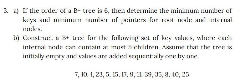 Solved 3. a) If the order of a B+tree is 6 , then determine | Chegg.com