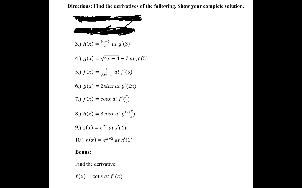 Solved Directions: Find the derivatives of the following. | Chegg.com